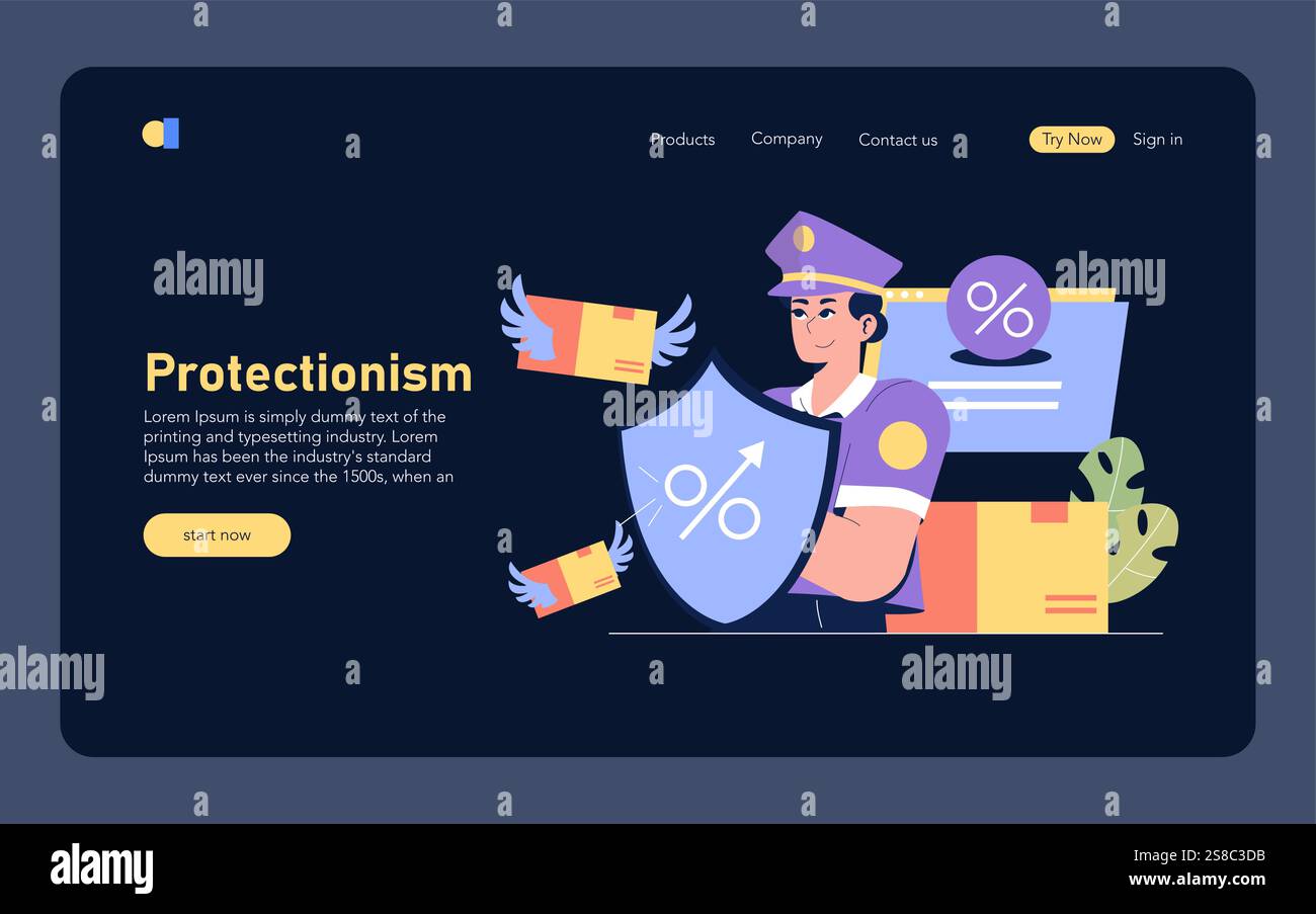Protectionism concept. Officer with shield blocking packages showcases ... Protectionism concept. Officer with shield blocking packages showcases ...