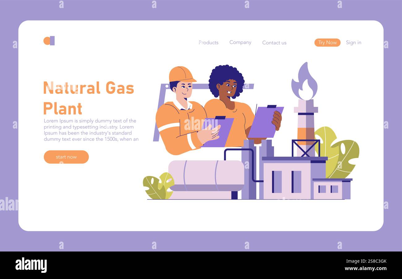 Natural Gas Plant concept. Workers at a gas facility overseeing ...