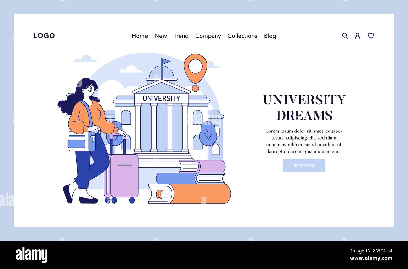 University Dreams concept. A young student arrives at campus with ...
