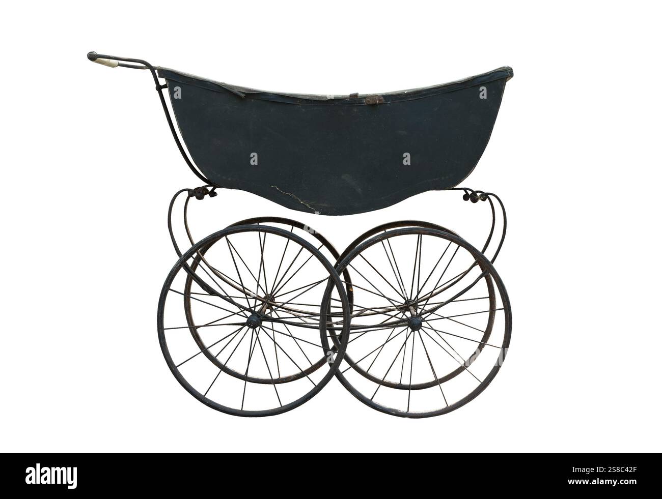 Vintage baby carriage with four metal spoked wheels and black cover ...