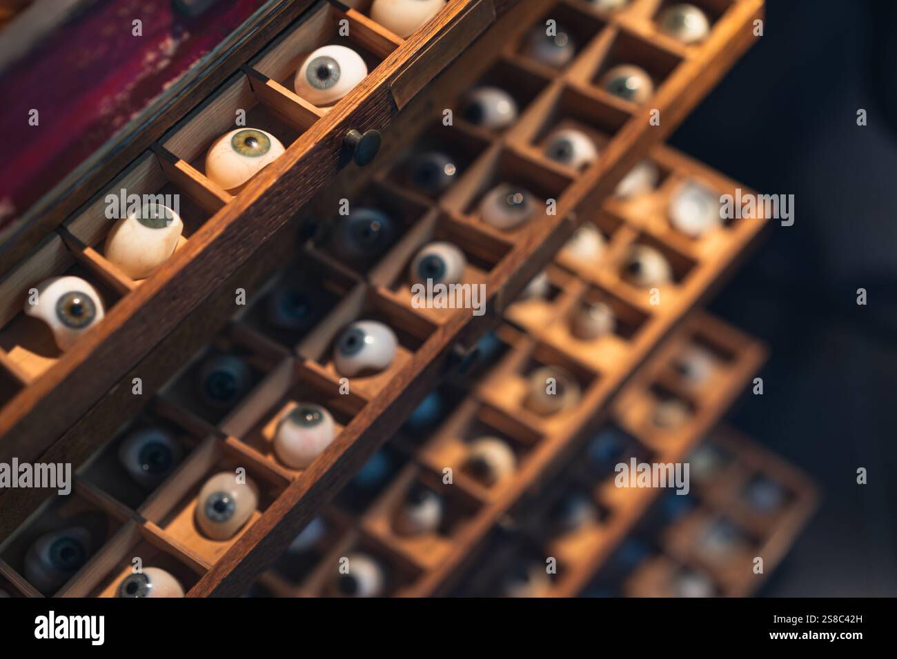 Wooden drawers containing a collection of artificial eyes for ...
