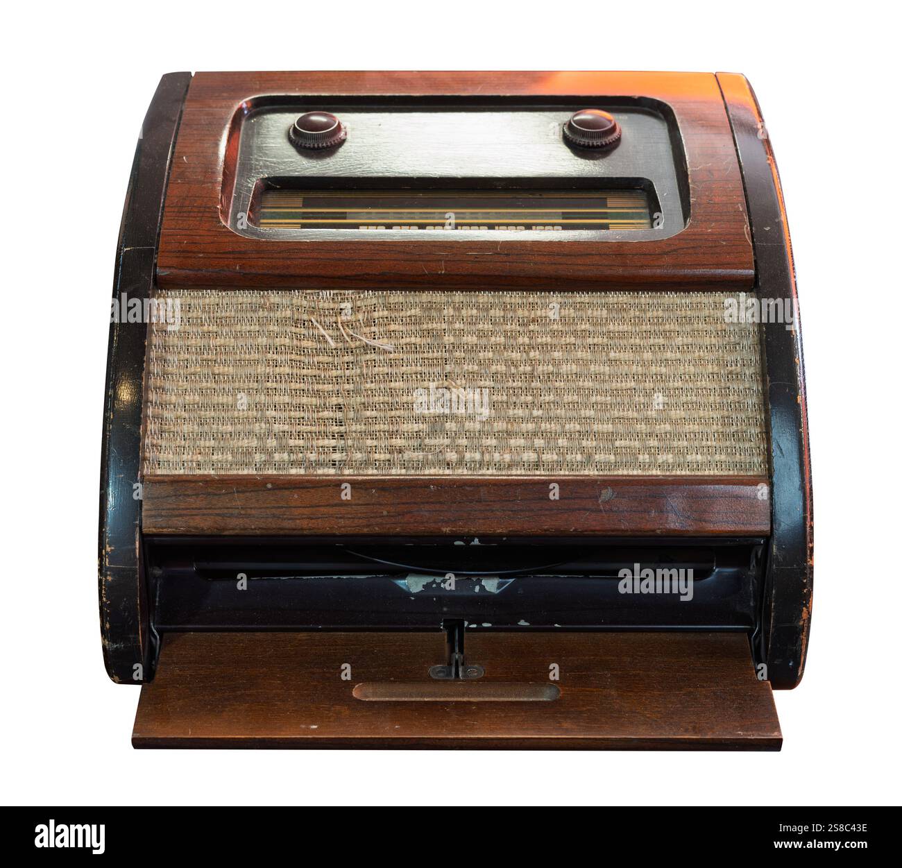 A front facing view of a vintage wooden radio with classic design ...