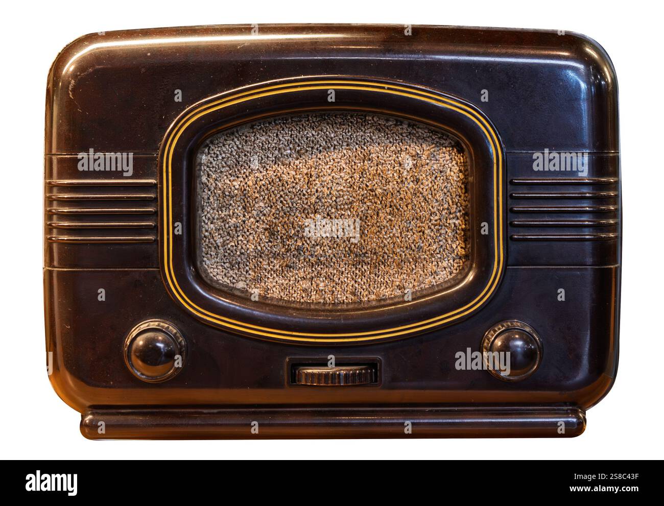 A classic black radio with a retro design featuring dials and a ...