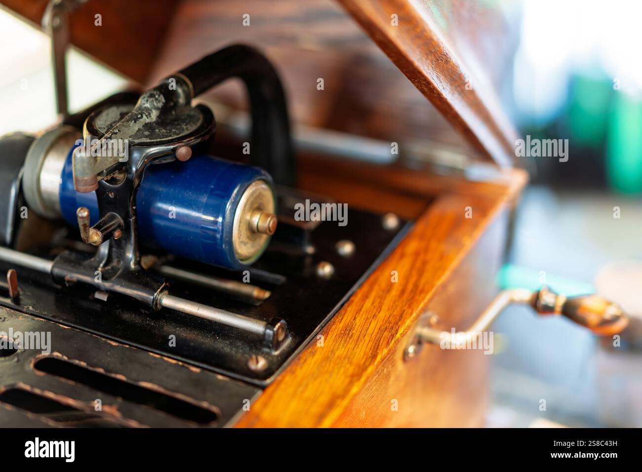A close view of a vintage phonograph internal mechanism including its ...