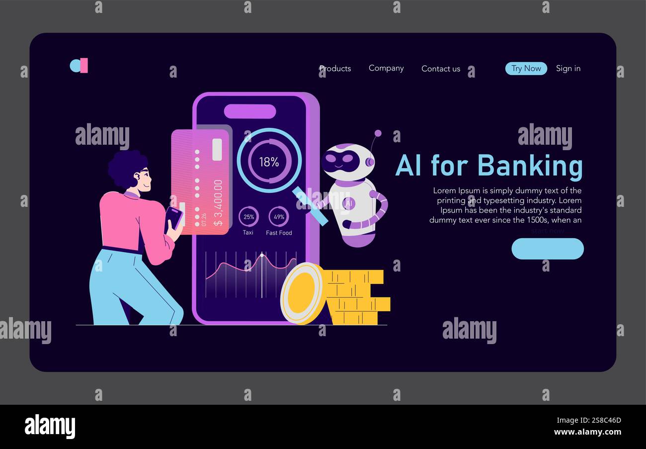 AI in Banking concept. A user interacts with an advanced AI-powered ...
