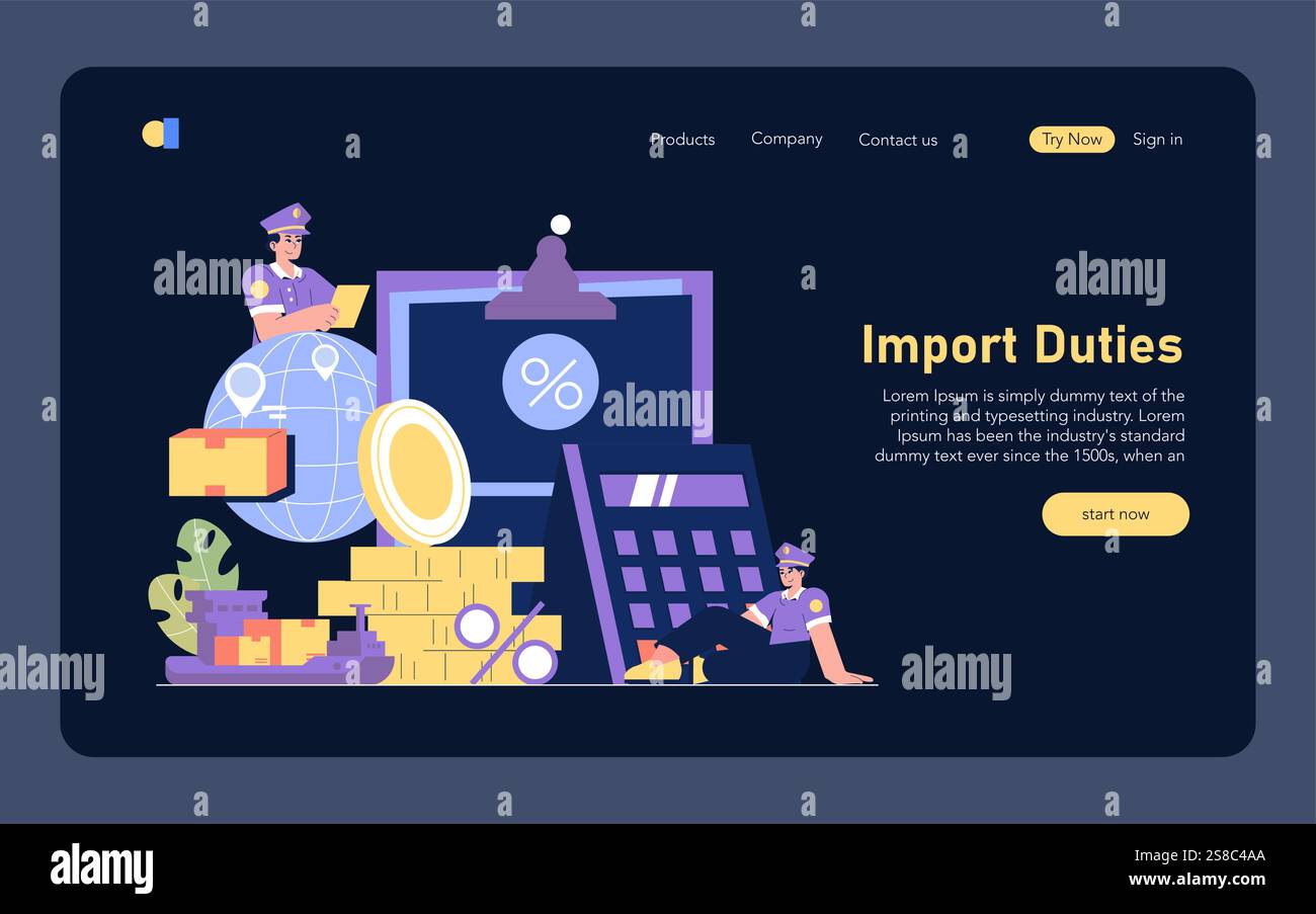 Customs Tariffs on Imports concept. Illustration depicting officers ...