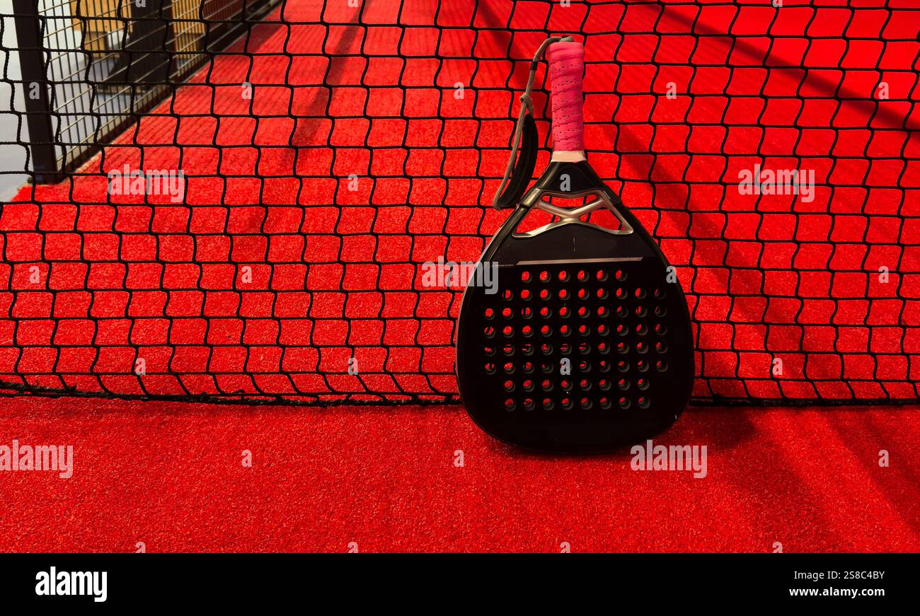 Padel tennis racket. Background with copy space. Sport court and balls ...