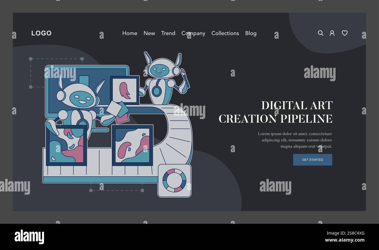 Automation in creativity concept. Robots process digital artwork in a seamless production line ...