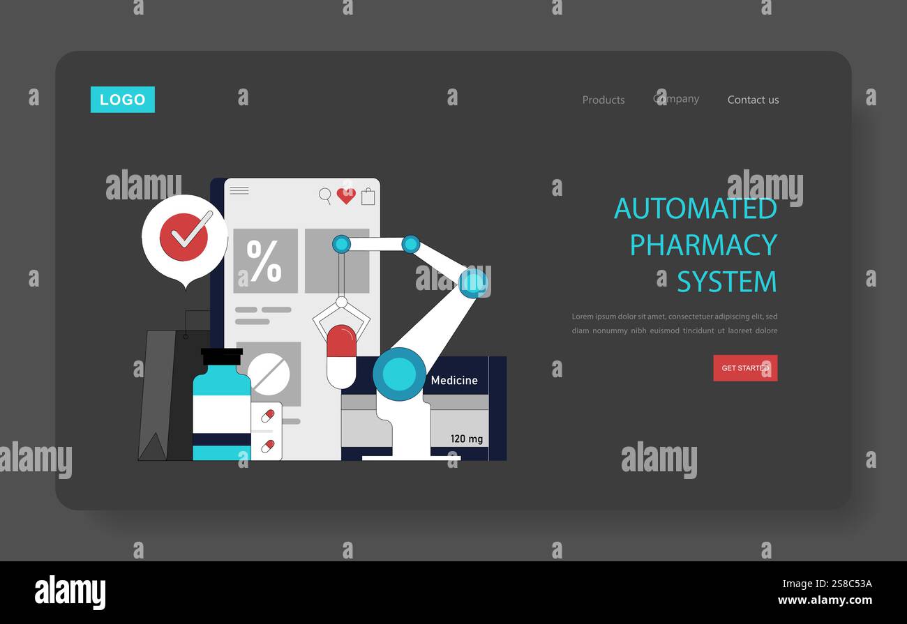 Automation in healthcare concept. An automated pharmacy system interface showcasing a robotic ...