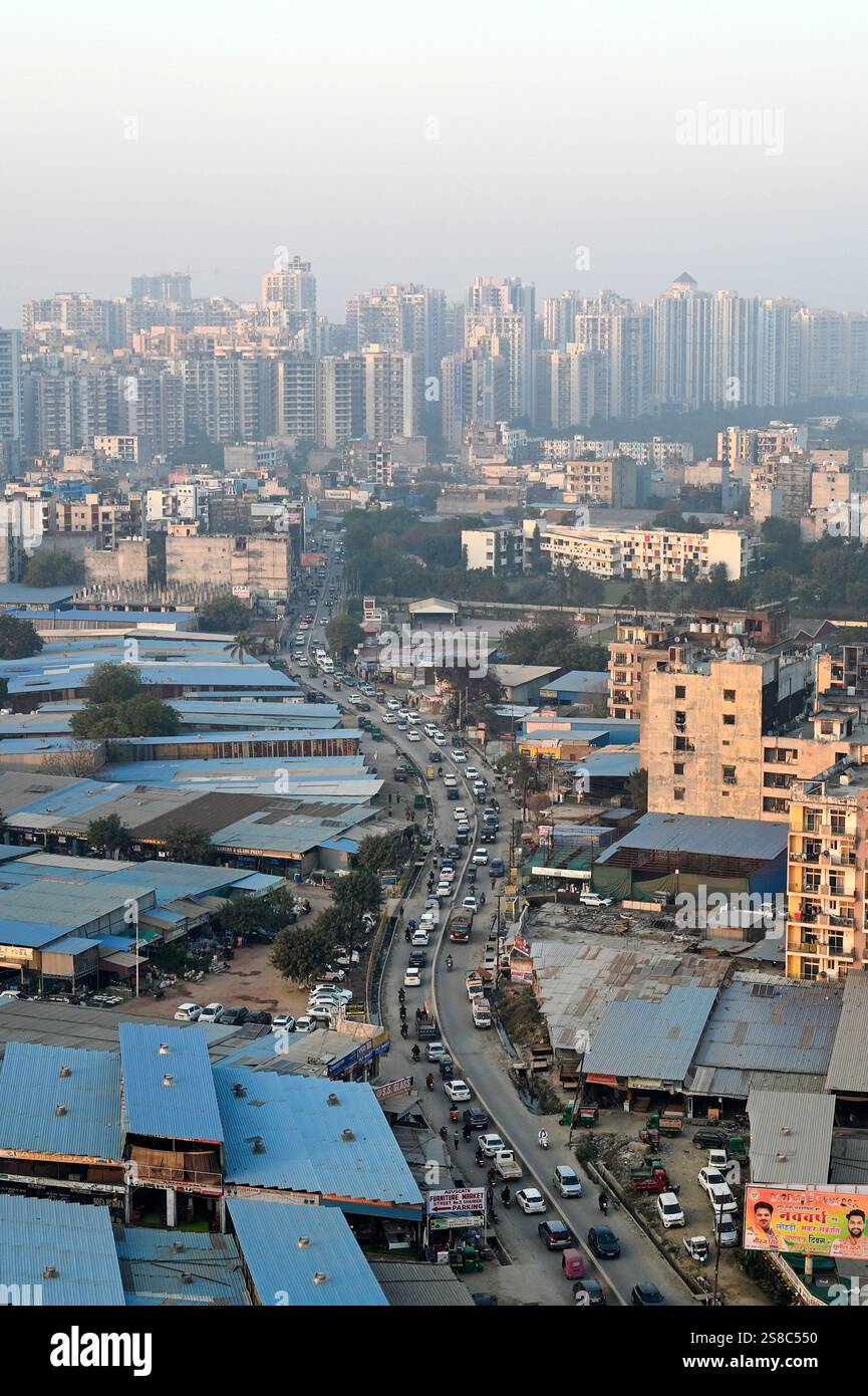 GREATER NOIDA, INDIA - JANUARY 21: Aerial view of Shahberi Village road ...