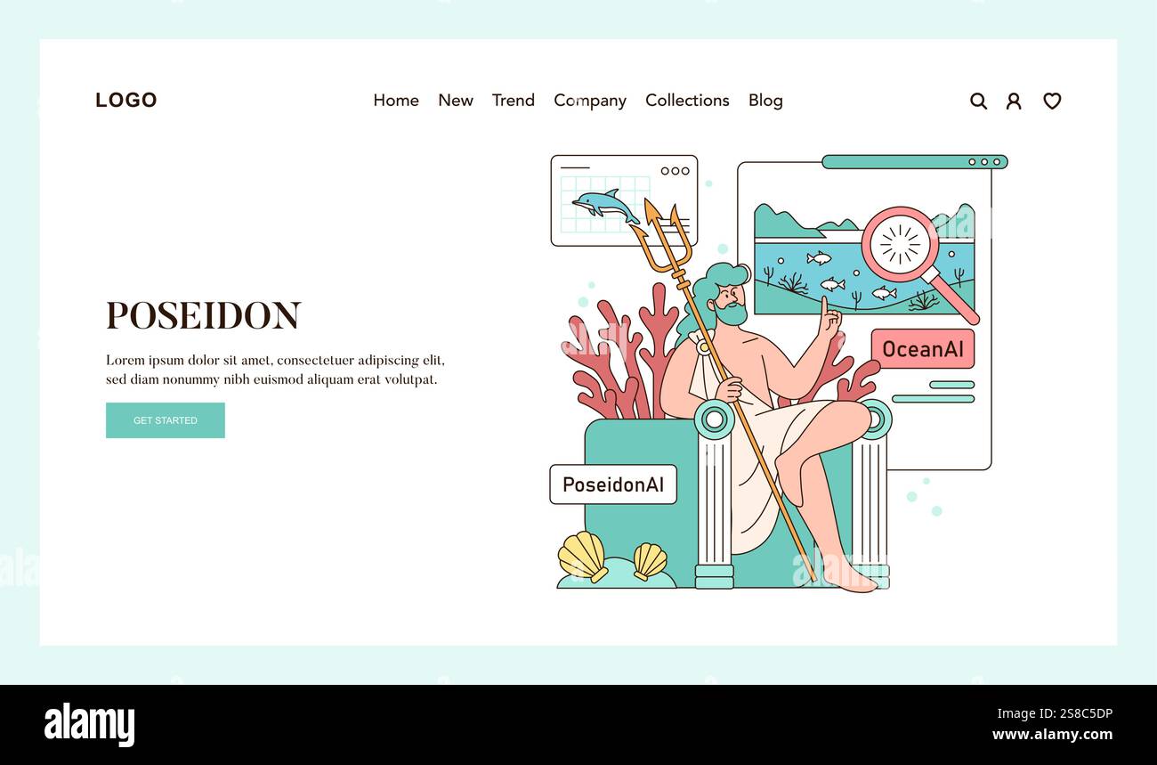 Poseidon concept. Modernized Greek god analyzes the ocean using artificial intelligence. Myth ...