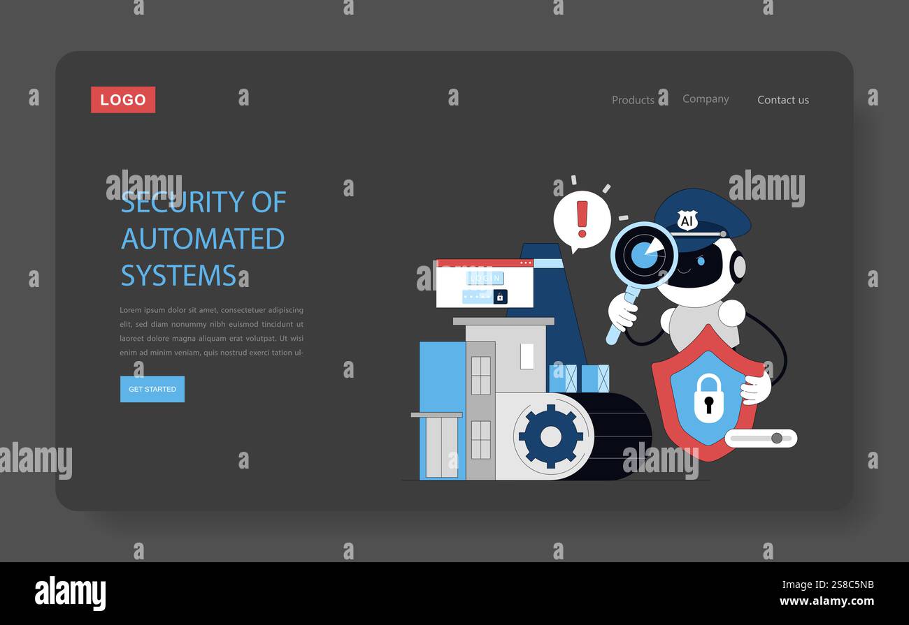 Cybersecurity automation concept. AI robot with magnifying glass and shield ensures data ...