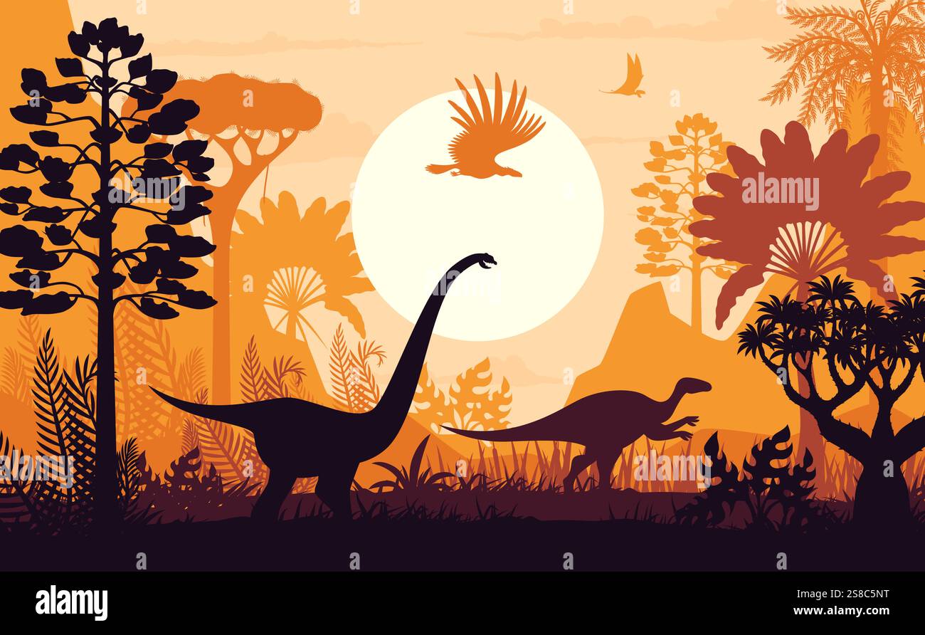 Dinosaurs silhouettes at sunset vector background. Prehistoric dino ...