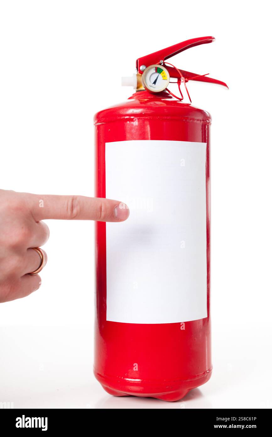 Man using fire extinguisher isolated on white Stock Photo - Alamy