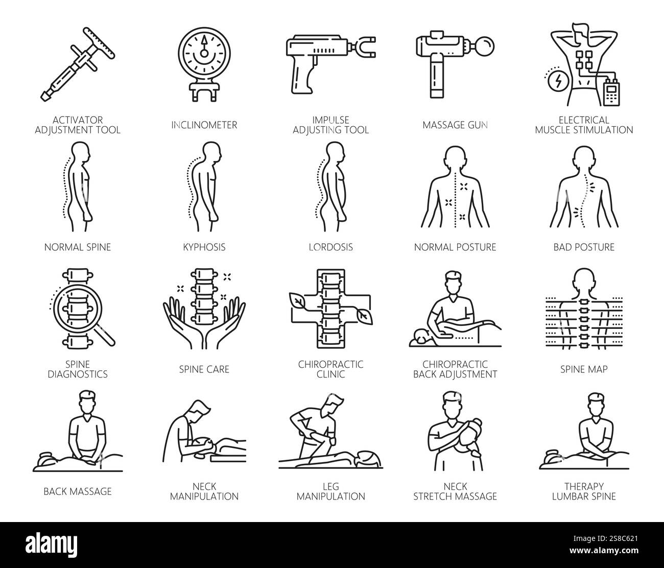 Chiropractic medicine line icons, vector massage therapy, physiotherapy ...
