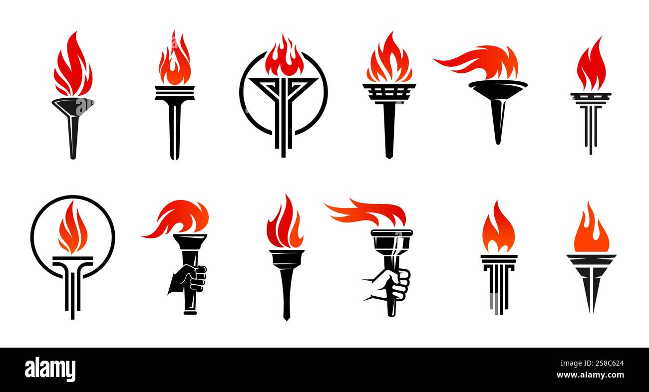 Torch flame icons. Victory and freedom, liberty and champion fire in ...