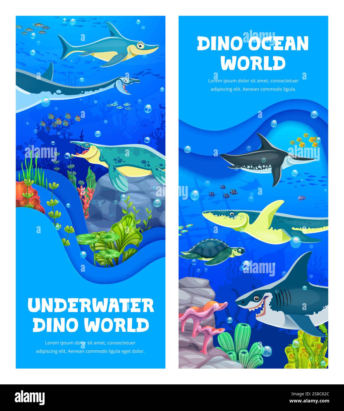 Paper cut banners with underwater prehistoric dinosaur characters ...