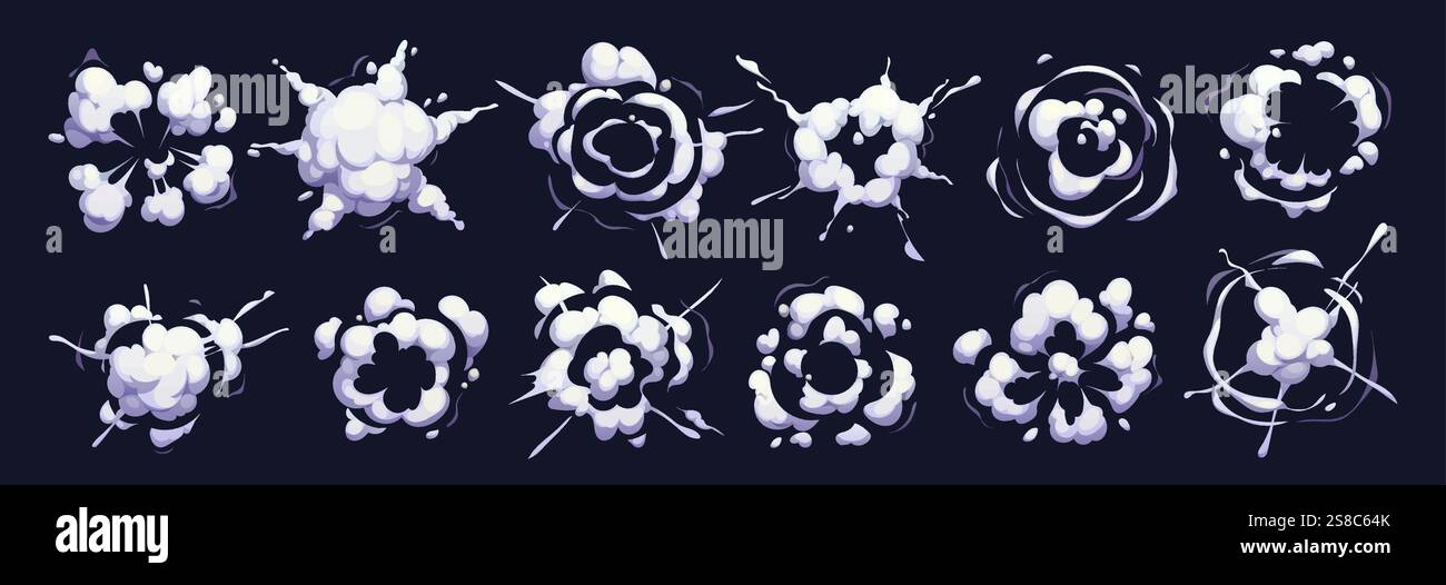 Smoke cloud explosion, bomb blast cartoon effects, vector game UI ...