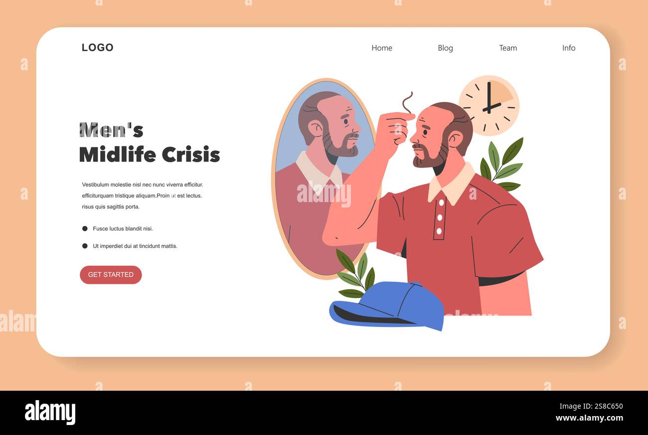 Men Midlife Crisis concept. A contemplative man examines signs of aging in the mirror ...