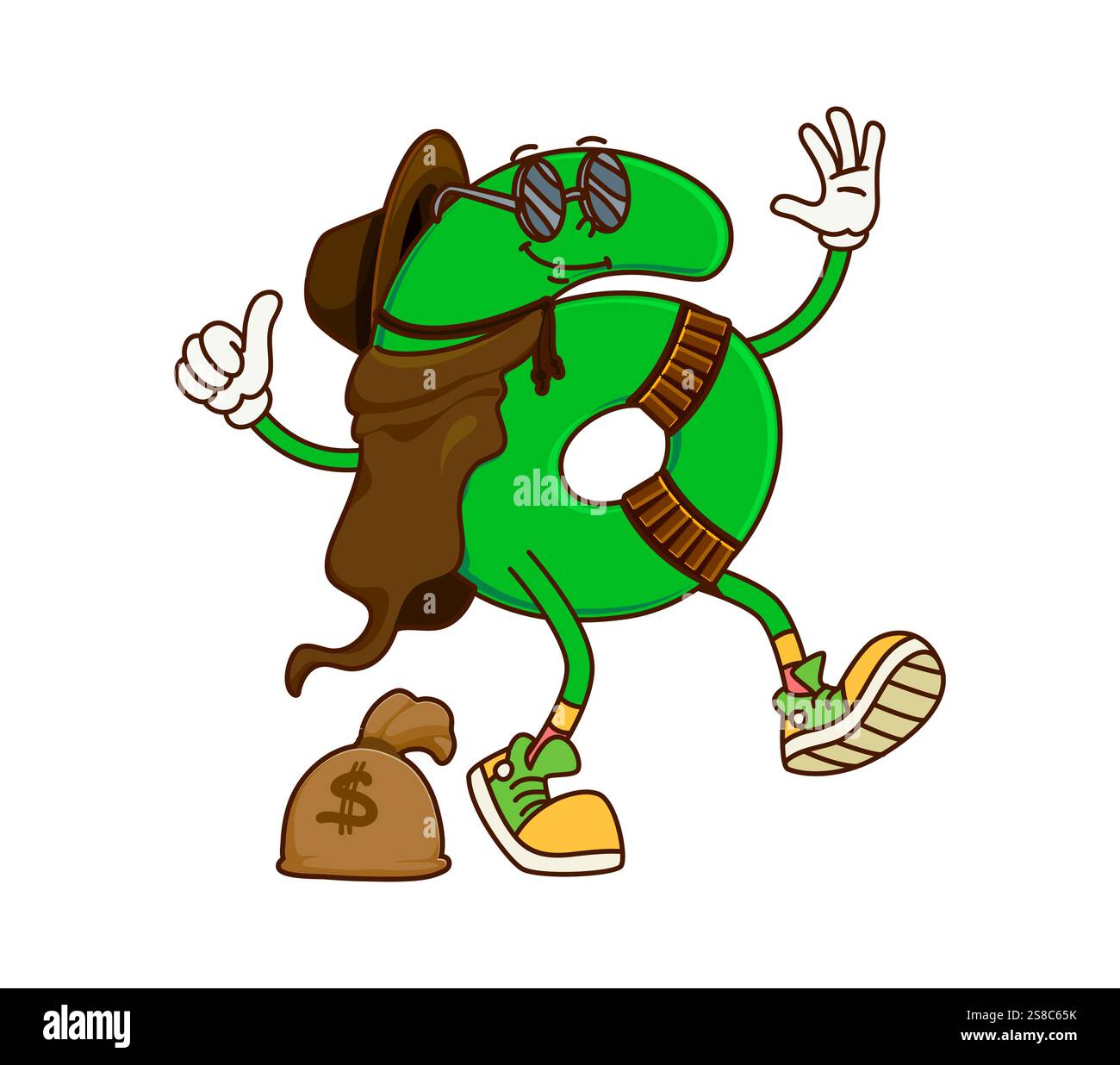 Cartoon groovy math number 6 as Western bandit character, vector ...