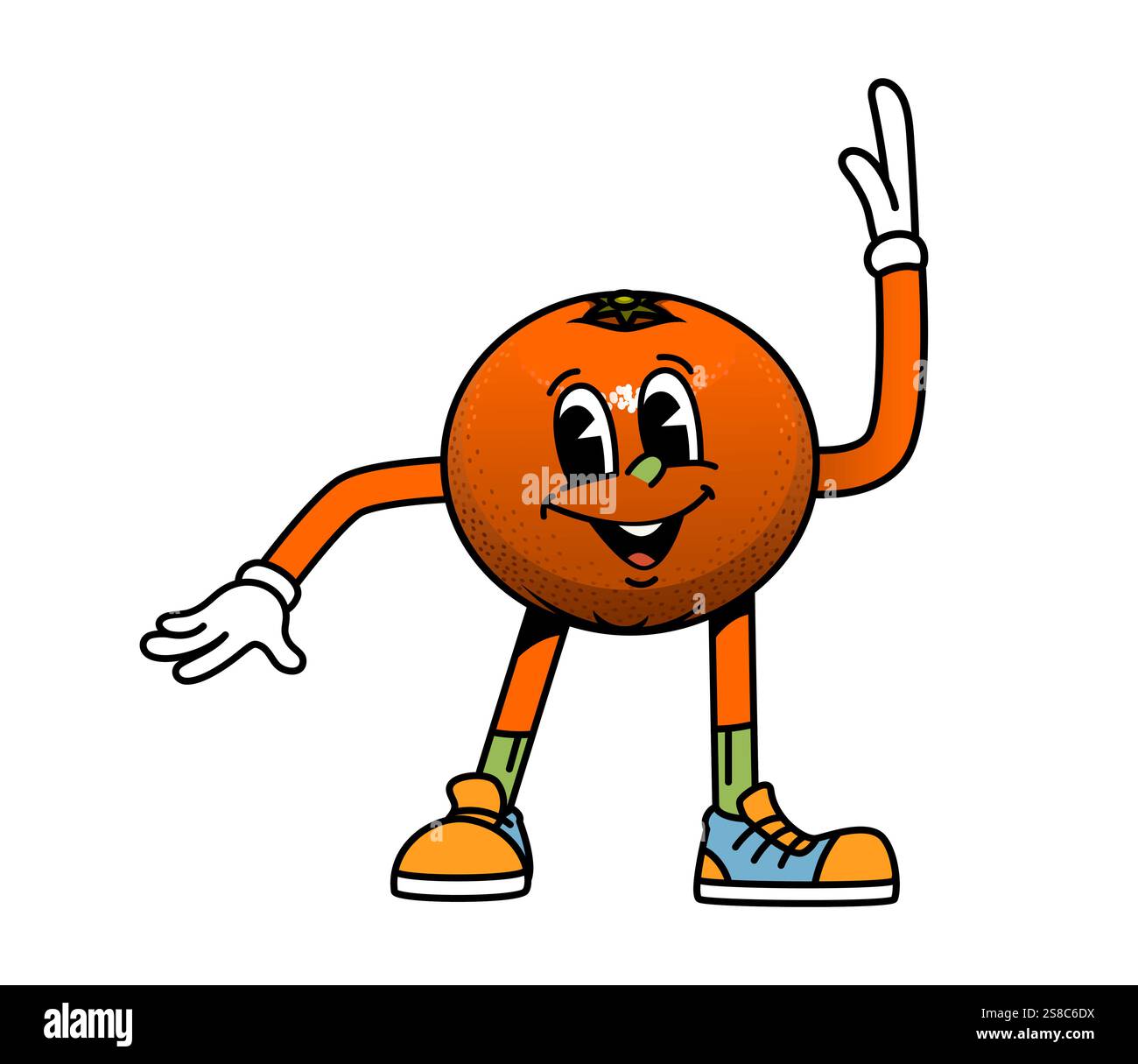 Cartoon groovy orange fruit character with happy face and cute smile ...