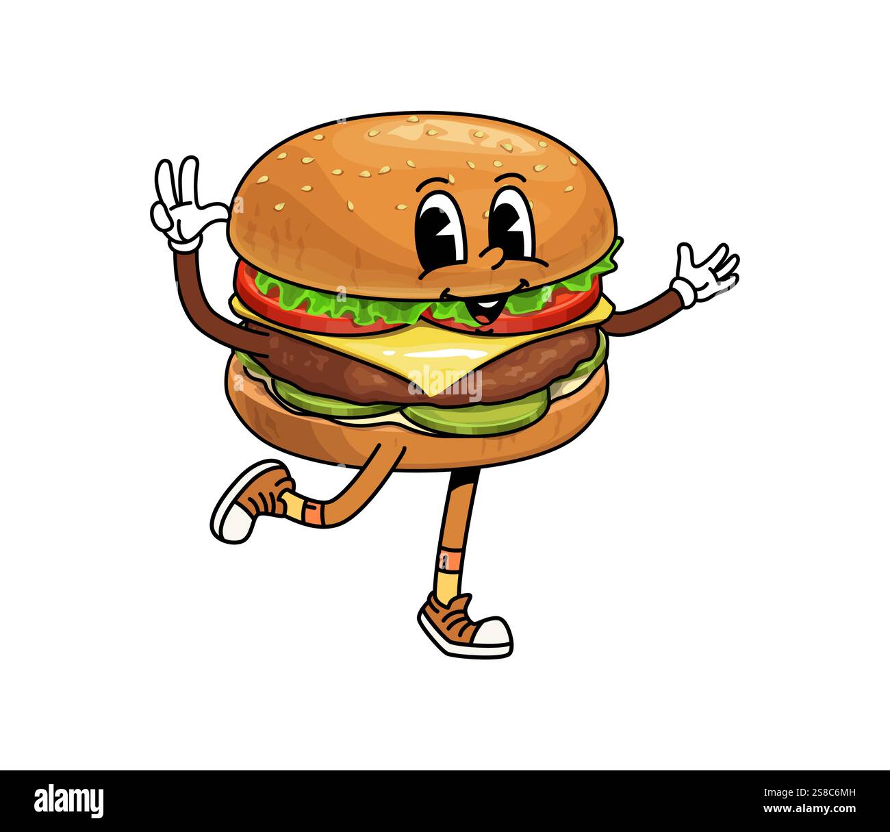 Groovy fast food cheeseburger character. Cartoon retro burger waving ...
