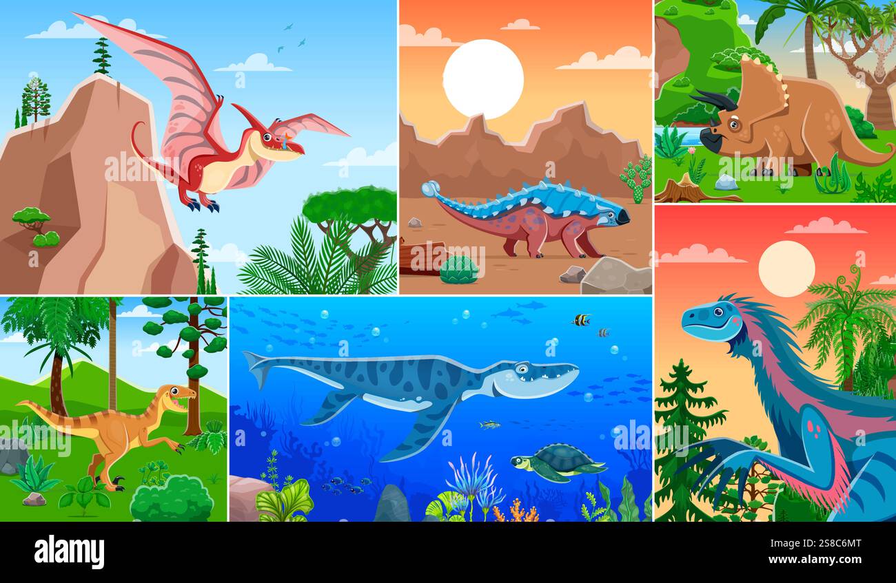 Prehistoric reptile and dinosaur characters collage showcases cartoon ...