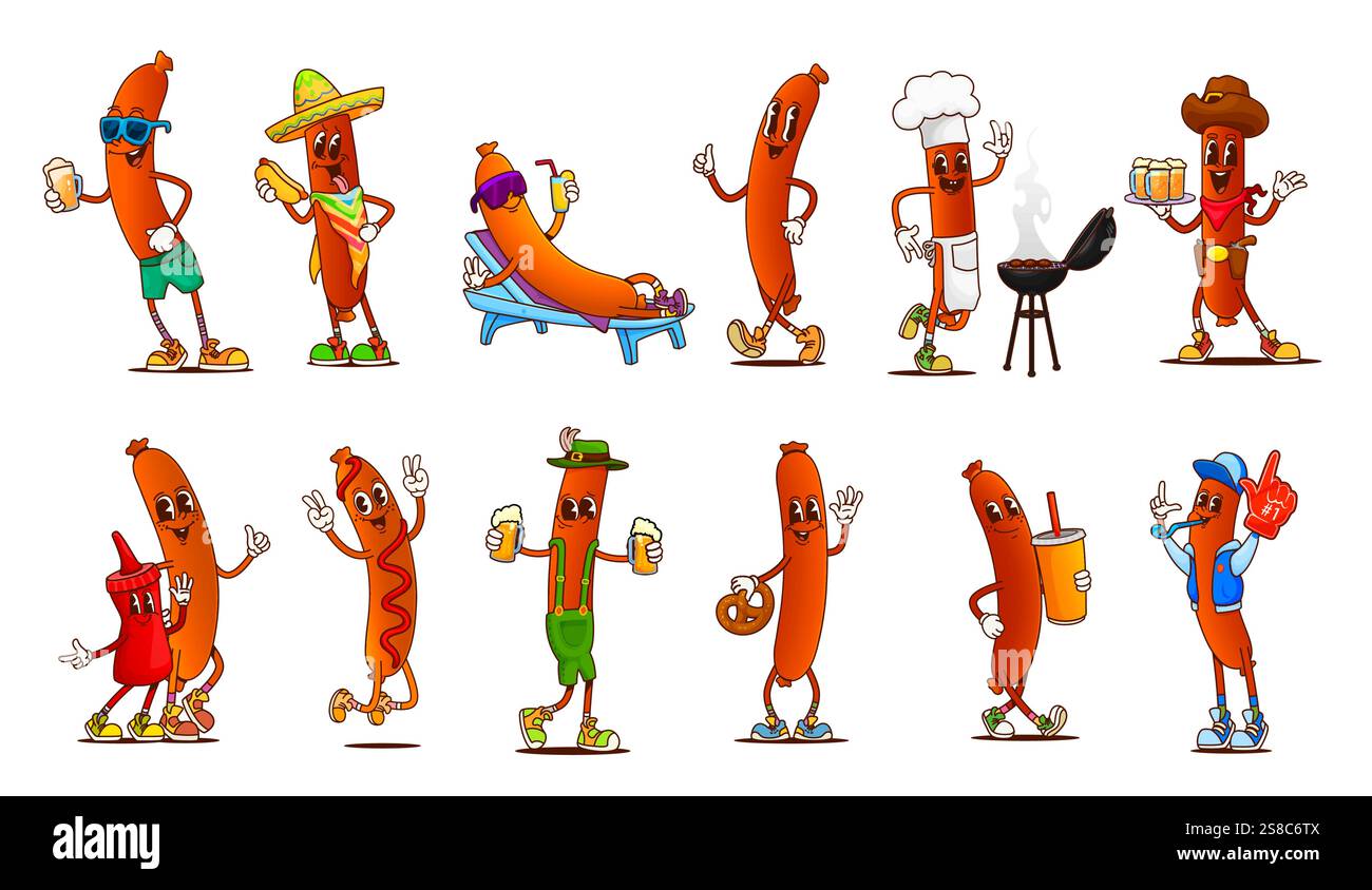 Cartoon groovy sausage characters of retro hippie meat food. Funny ...