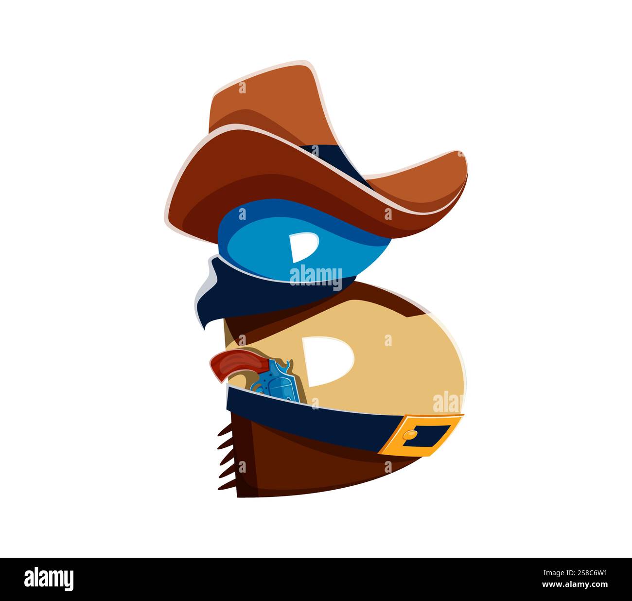 Letter B with a cowboy hat, gun, belt and bandana. Cartoon vector funny ...