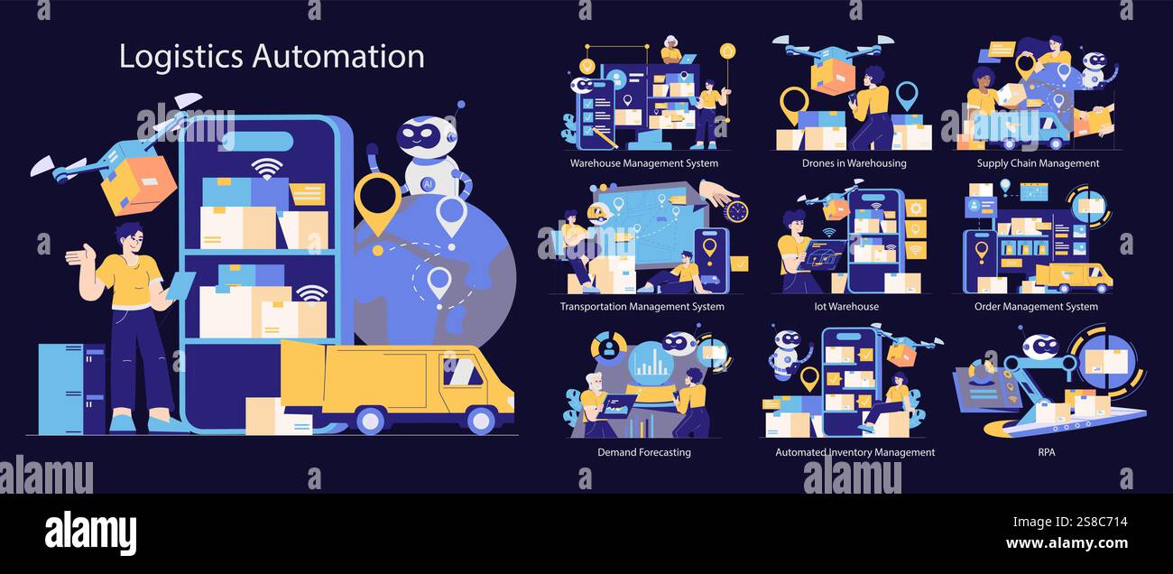 Logistics Automation concept. Integration of AI, drones, and digital systems in modern supply ...