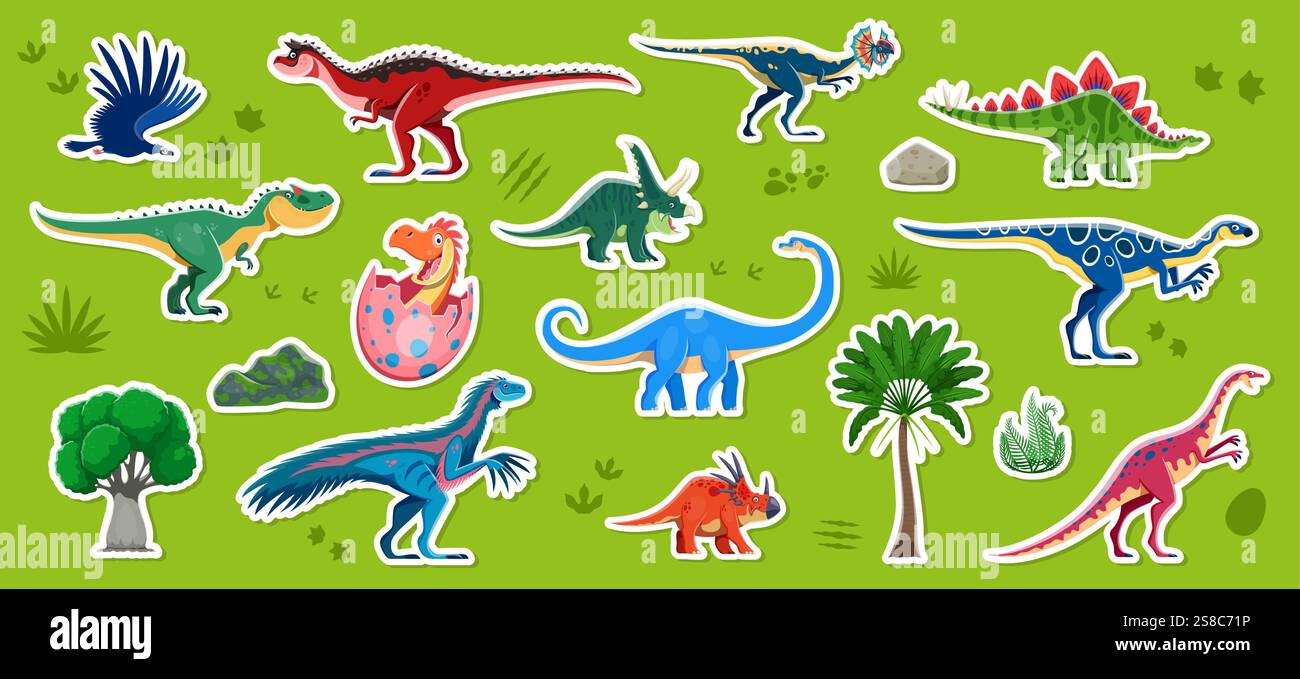 Dinosaur characters stickers of cartoon prehistoric dino lizards ...