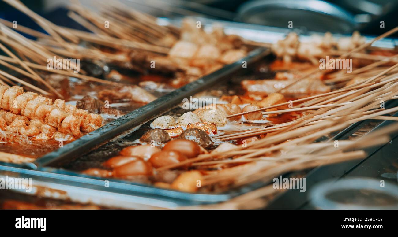 Traditional Chinese Meat Snacks On Bamboo Sticks. Skewered Meat ...
