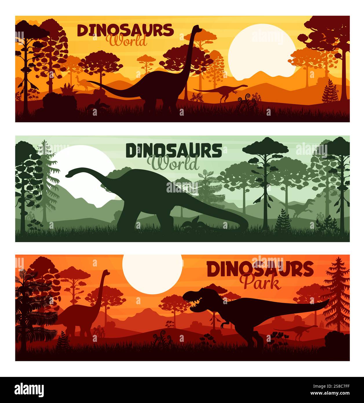Prehistoric Jurassic dinosaur silhouettes banners with sunset landscape ...