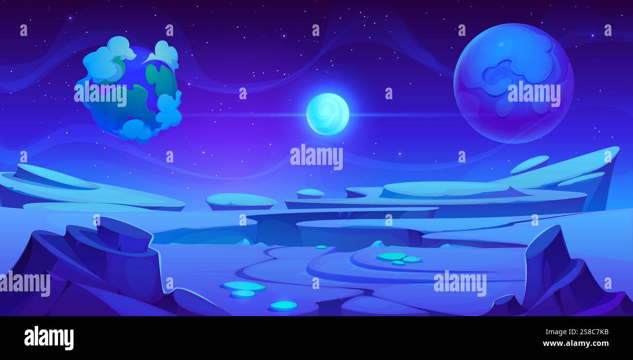 Frozen ice blue space planet landscape cartoon background, vector game ...