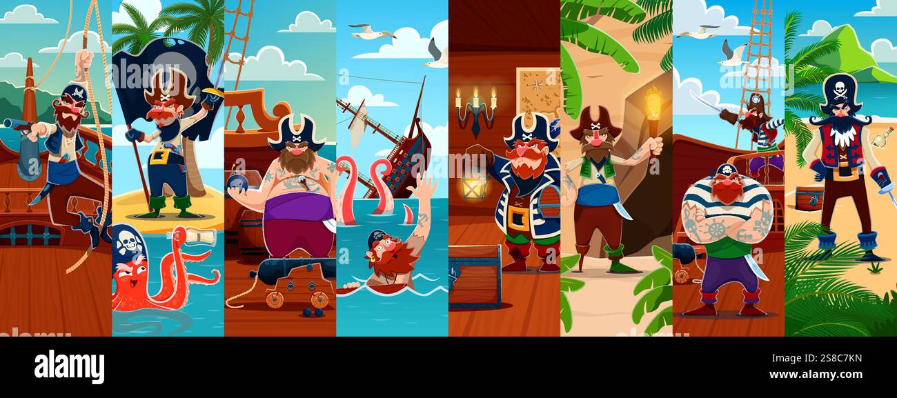 Cartoon pirate captain and skipper, boatswain and corsair sailor characters collage, vector ...