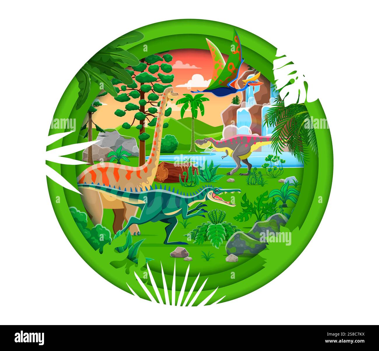 Paper cut prehistoric era landscape with tropical forest, dinosaurs and ...