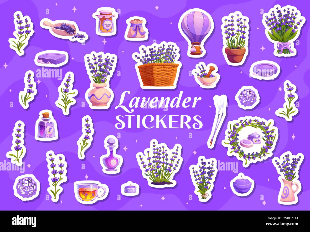 Cartoon stickers pack of lavender flowers and herbal Provence cosmetics ...
