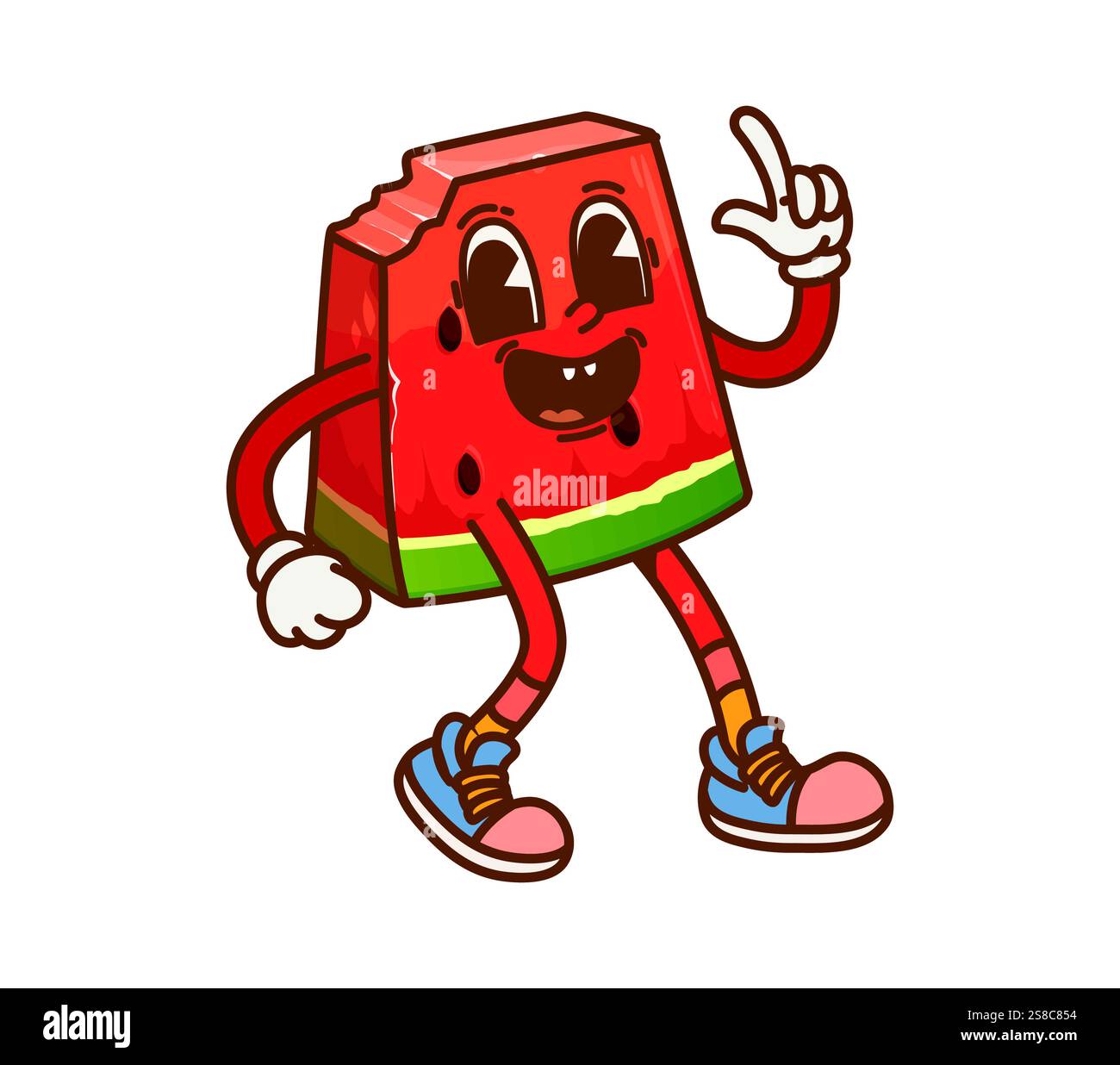 Groovy cartoon watermelon slice funny character. Summer fruit happy 60s ...