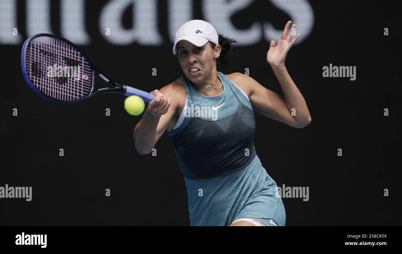 Madison Keys of the U.S. plays a forehand return to Elina Svitolina of ...