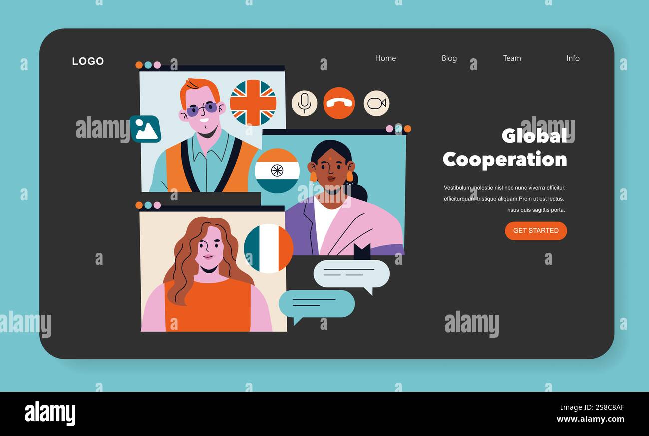 Remote Work concept. Digital conference with diverse international ...