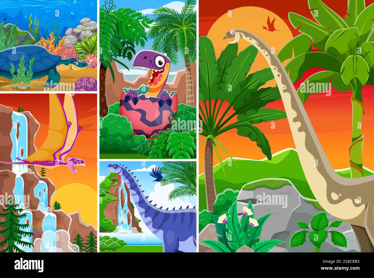 Cartoon prehistoric dinosaurs characters collage of jurassic dino ...
