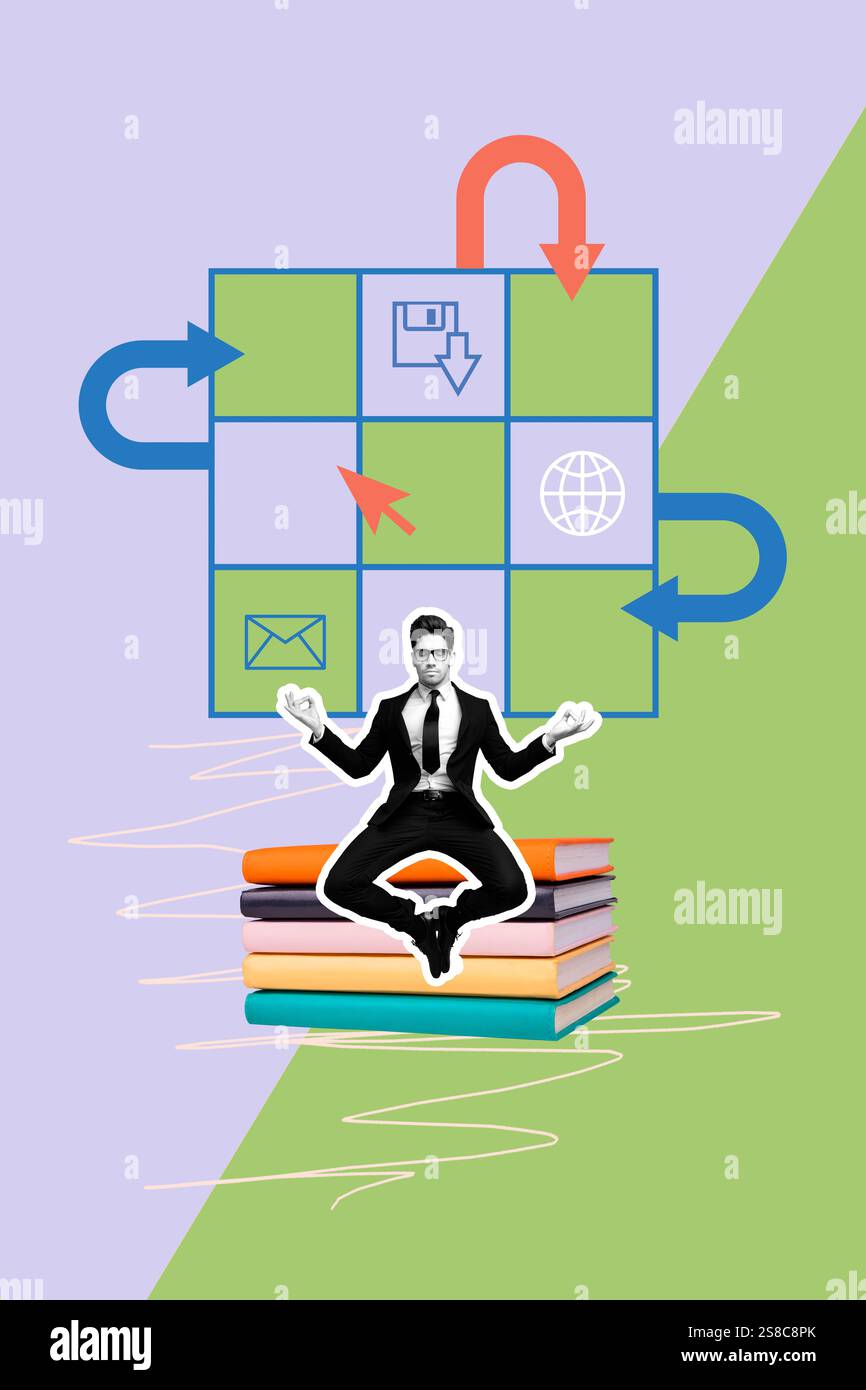 Exclusive image vertical photo collage of serious businessman do yoga ...