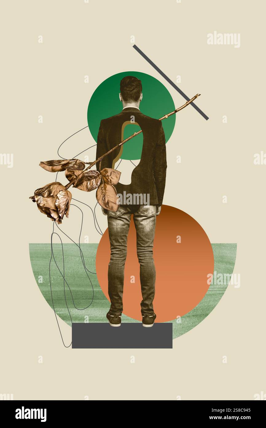 Vertical sketch 3d collage poster of anonym man stand back hole golden ...