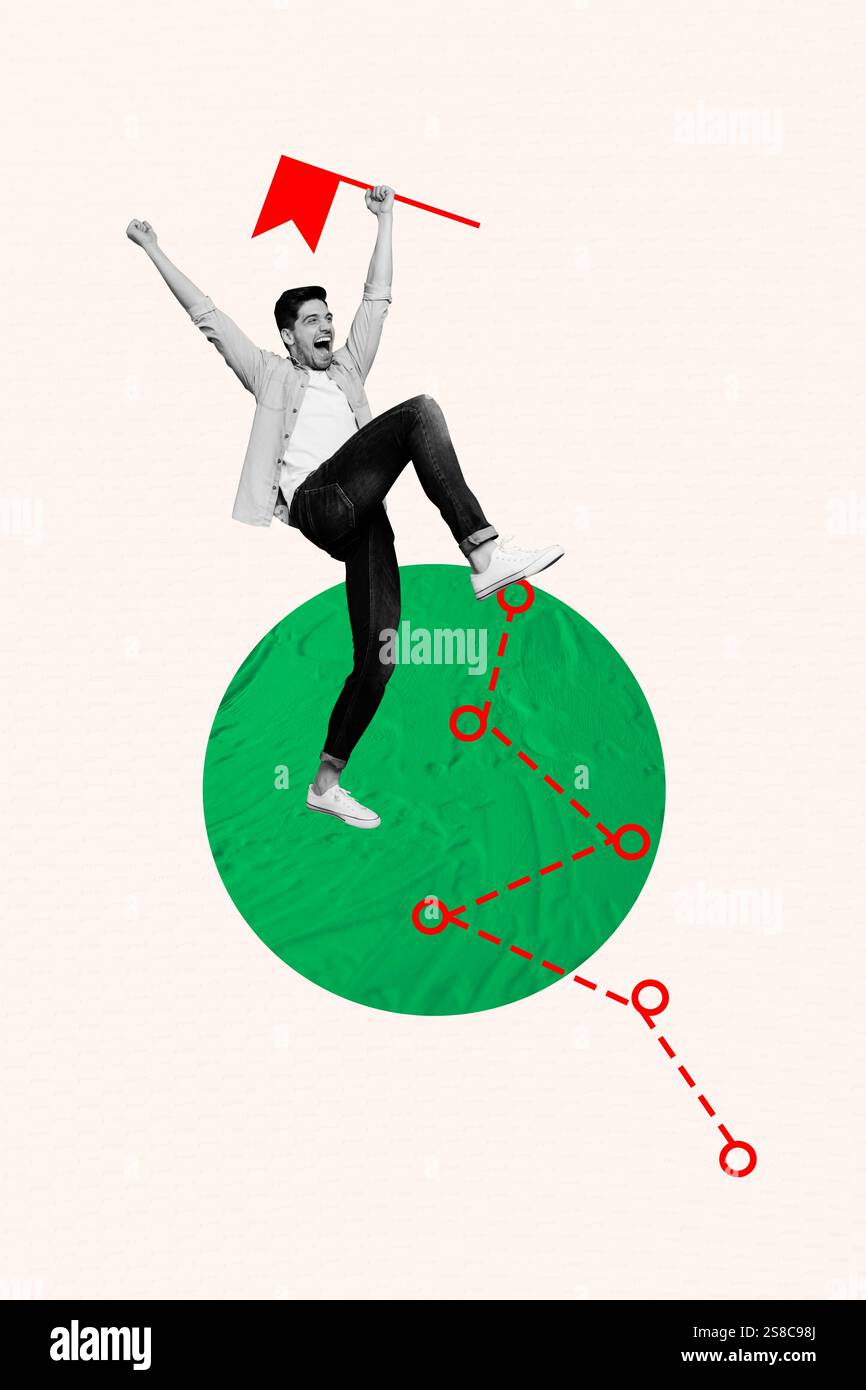 Vertical sketch 3d collage of excited man hold flag aim achievement ...