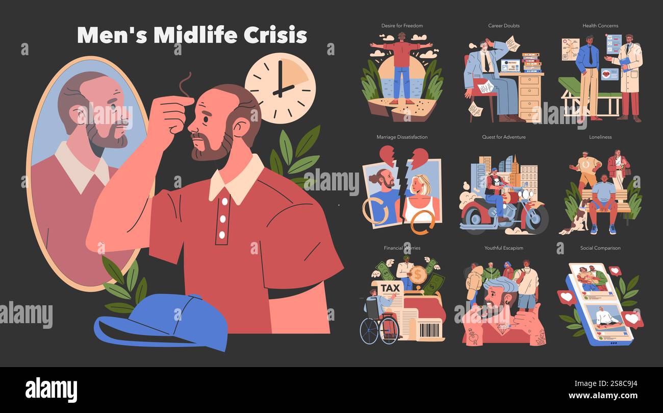 Men's Midlife Crisis concept. Exploration of male concerns about aging, career, health, and ...