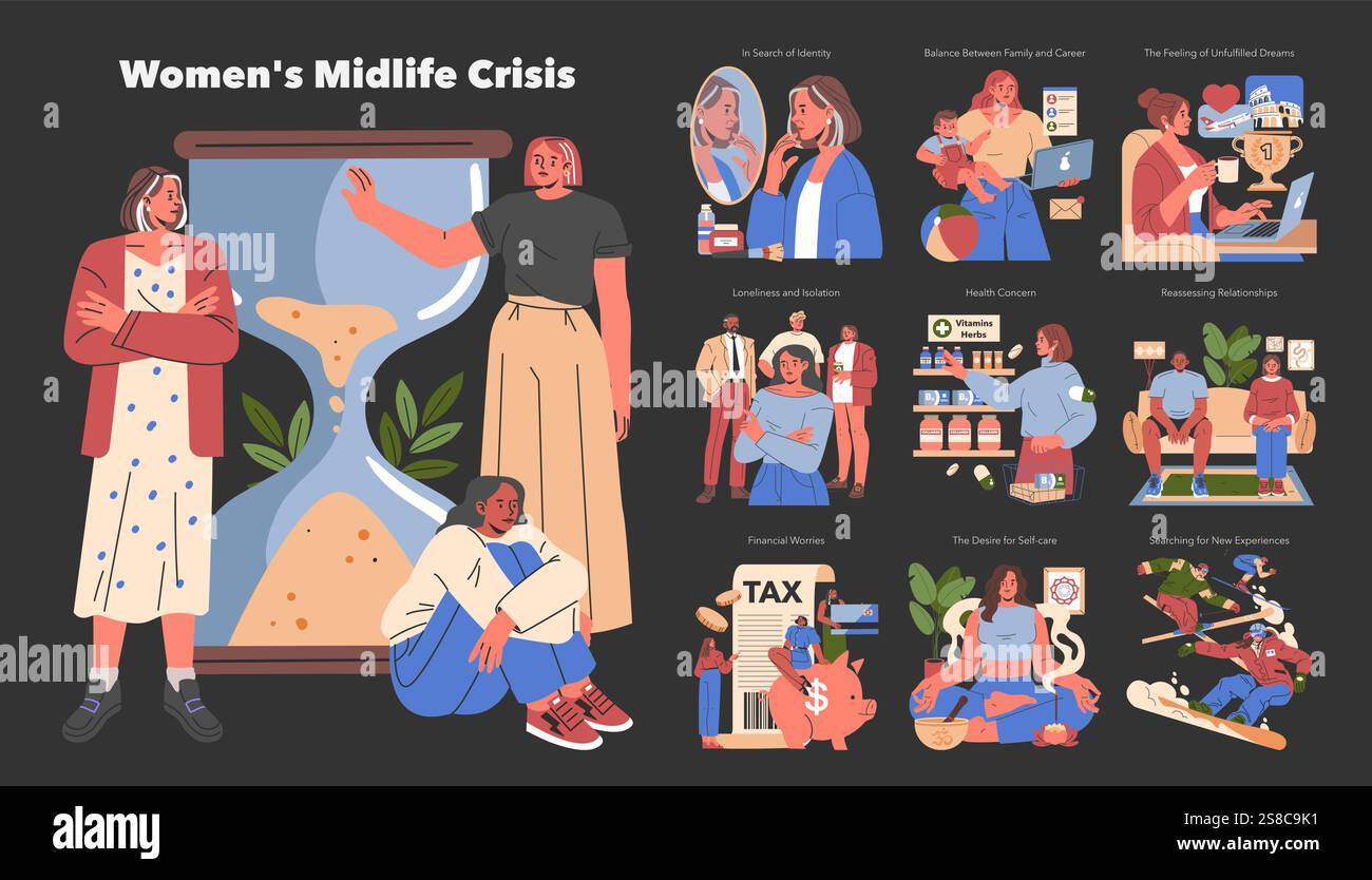 Women's Midlife Crisis concept. Illustration captures challenges ...