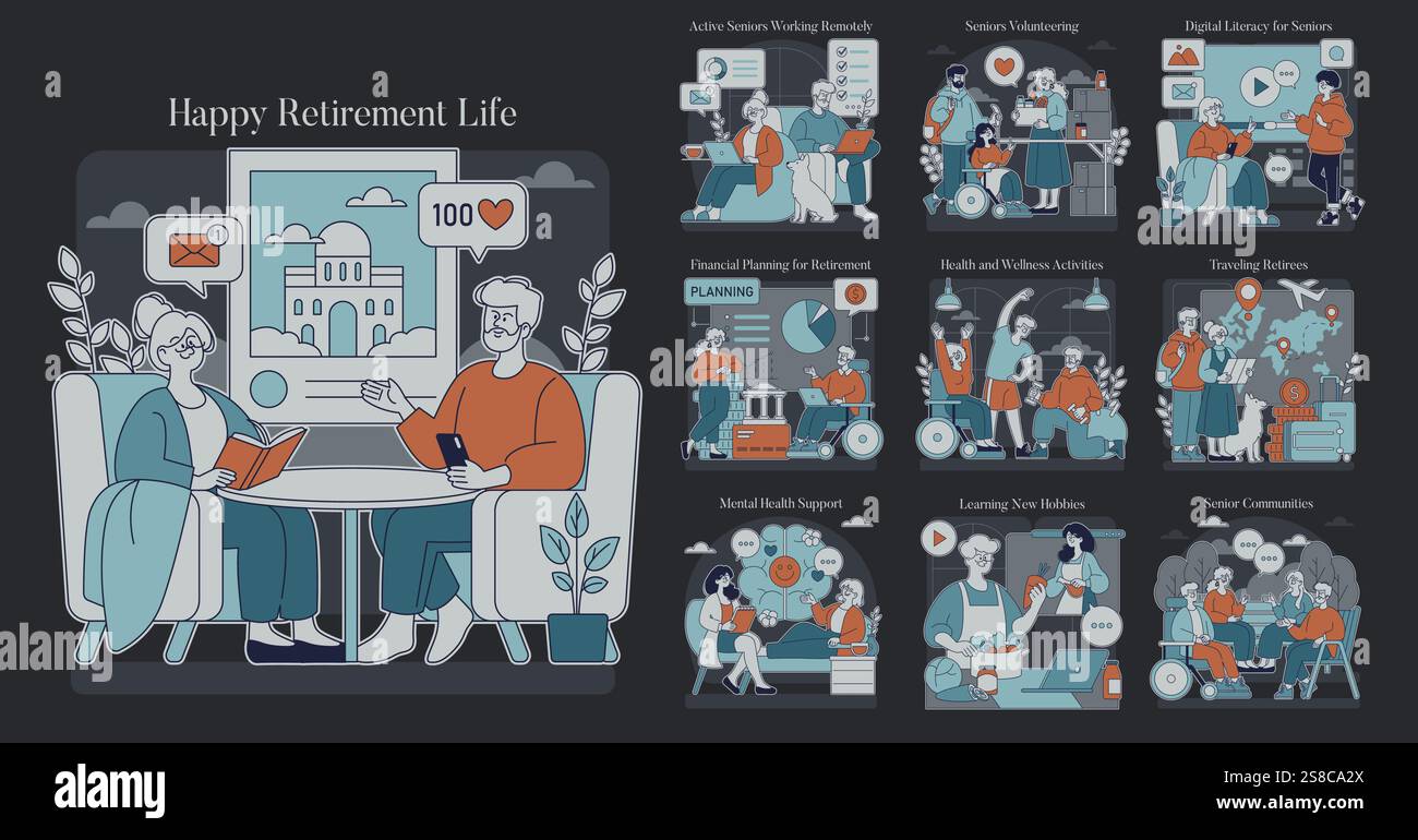 Happy Retirement Life set. Illustrations portray joyful senior ...