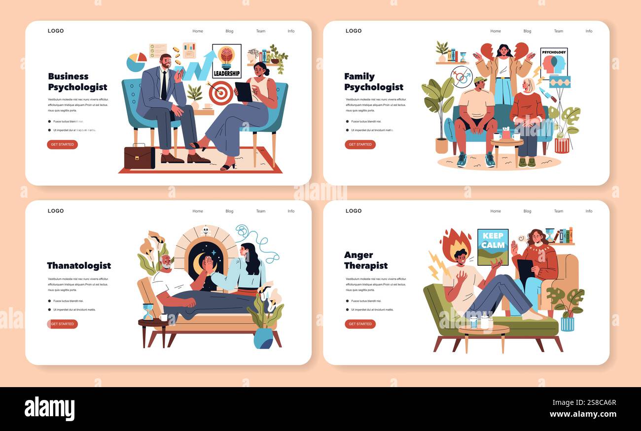 Psychotherapist set. Illustrated web banners depicting various therapy ...
