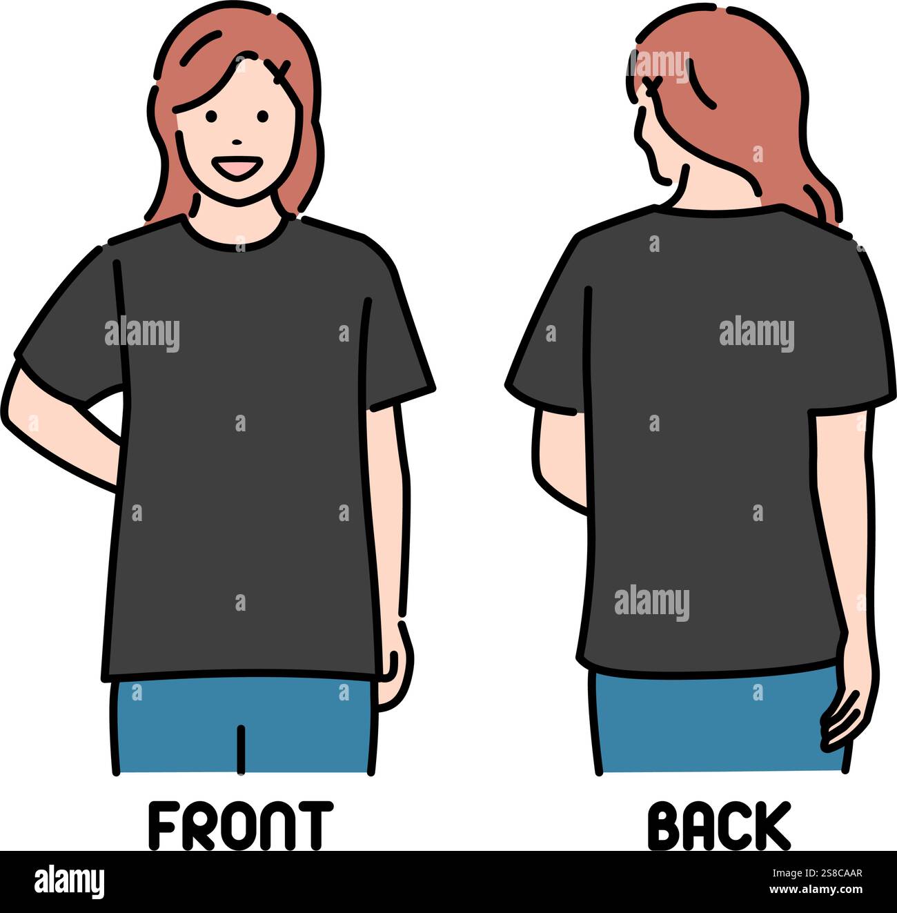 Vector illustration of a woman wearing a short-sleeved T-shirt ( black ...
