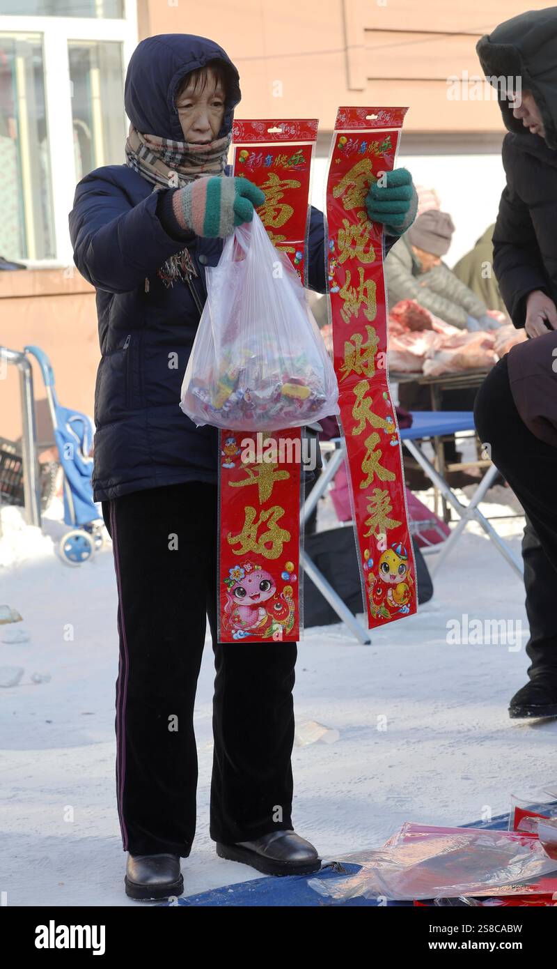 People shop Spring Festival goods at a country fair in Mudanjiang City ...